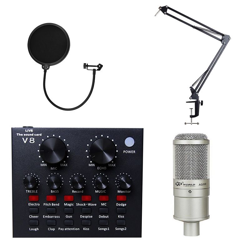 Combo mic thu âm AQTA 220 cùng Soundcard V8 chân kẹp màn lọc